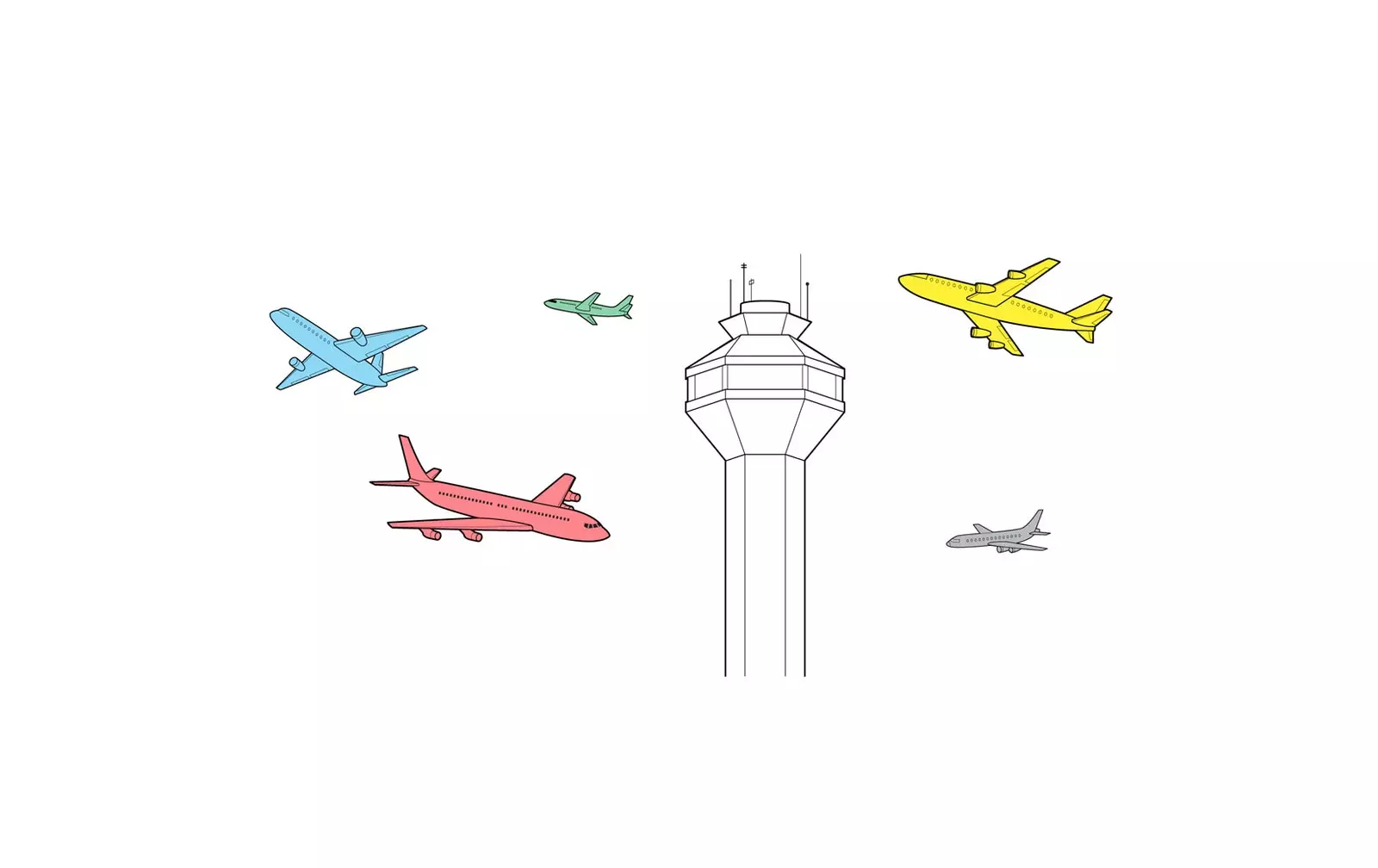 CNT Intel Illo Illustration Avioanele și avioanele înconjoară turnul de control al traficului aerian Avioane care zboară în jurul Turnului de control al traficului